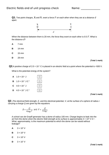 CIE Physics 9702 Electric fields Unit 18 end of unit test | Teaching ...