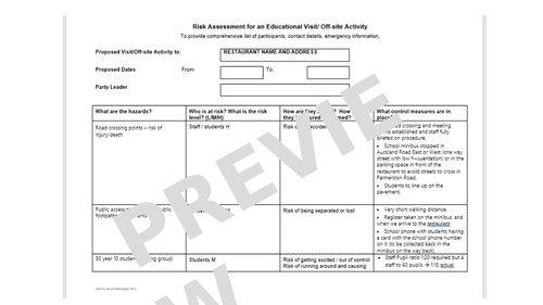 Risk assessment - Restaurant field trip | Teaching Resources