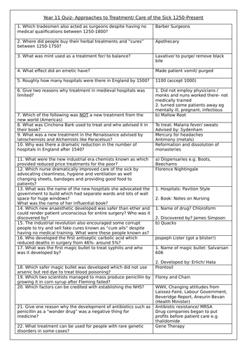 Medicine Through Time Revision Quizzes- Thematic | Teaching Resources