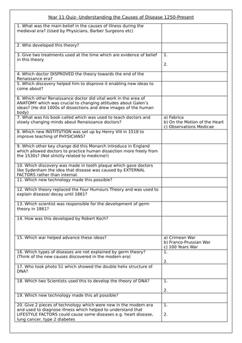 Medicine Through Time Revision Quizzes- Thematic | Teaching Resources