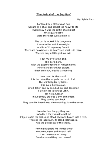 'The Arrival of the Bee Box' by Sylvia Plath | Teaching Resources