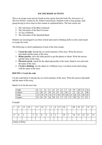 Escape room activity - The Adventures of Sherlock Holmes | Teaching ...