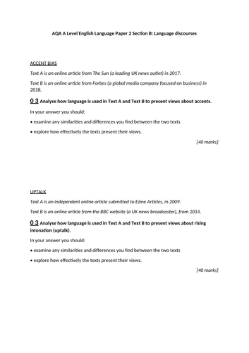 A Level Lang AQA P2Q3 practice questions | Teaching Resources
