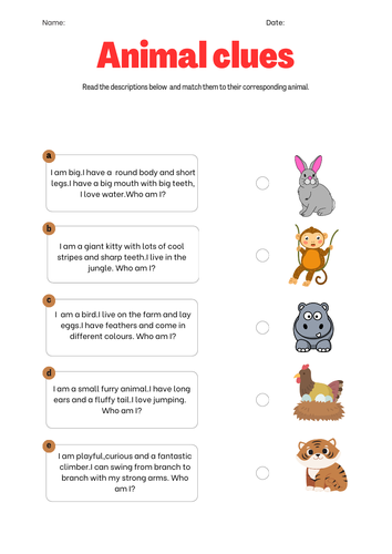 Animal Clues Descriptions-Worksheet | Teaching Resources