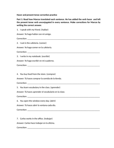 Hacer and present tense correction practice | Teaching Resources