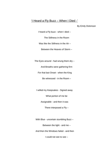 'I heard a Fly buzz - when I died' by Emily Dickinson | Teaching Resources