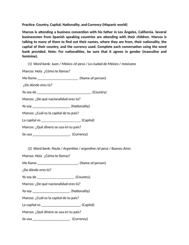 Practice: Country, Capital, Nationality, and Currency (Hispanic world ...