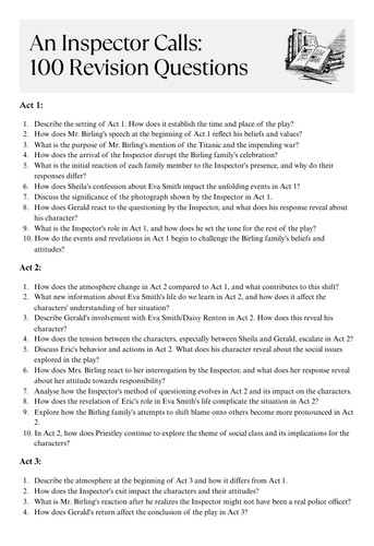 An Inspector Calls: 100 Revision Questions for GCSE | Teaching Resources