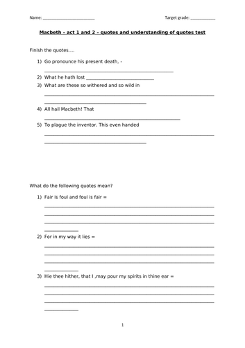 Macbeth - act 1 and 2 quotes test | Teaching Resources