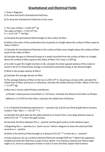 AQA Unit 9: Gravitational & Electric Fields Questions (A-Level) | Teaching Resources