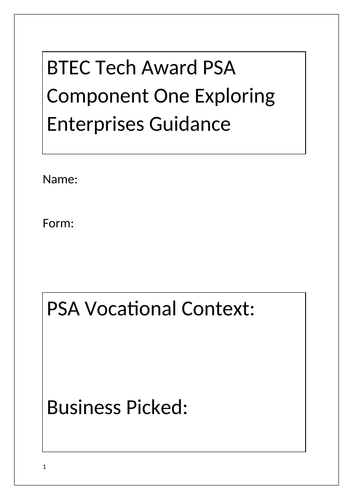 Btec Tech in Enterprise PSA Component One | Teaching Resources