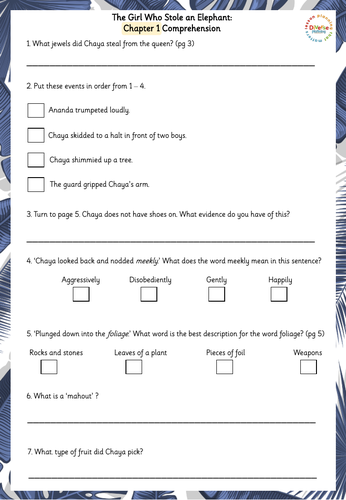 The Girl Who Stole An Elephant Comprehension CHAPTERS 1 - 12 | Teaching ...