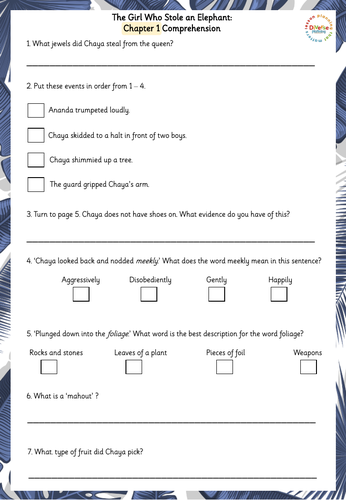 The Girl Who Stole An Elephant Comprehension CHAPTERS 1 - 12 | Teaching ...
