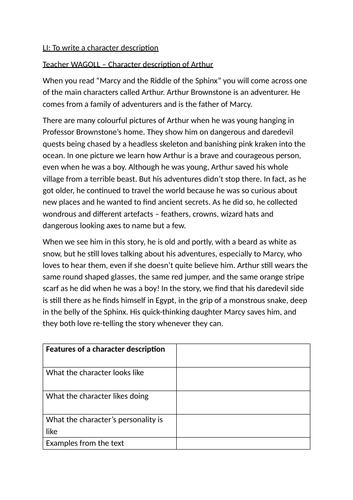 Marcy and the Riddle of the Sphinx WAGOLL Character description | Teaching Resources