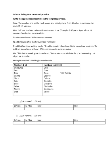 La hora: Telling time structured practice (Spanish) | Teaching Resources