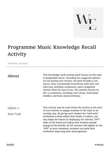 Programme Music Knowledge Recall Activity | Teaching Resources