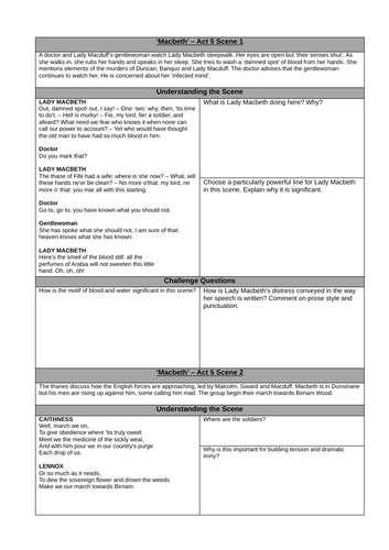 Macbeth - Act 5 Workbook | Teaching Resources