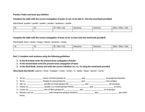Practice: Poder and tener que infinitive | Teaching Resources