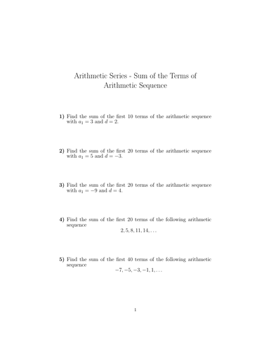 Arithmetic Series Sum Of The Terms Of Arithmetic Sequence Worksheet