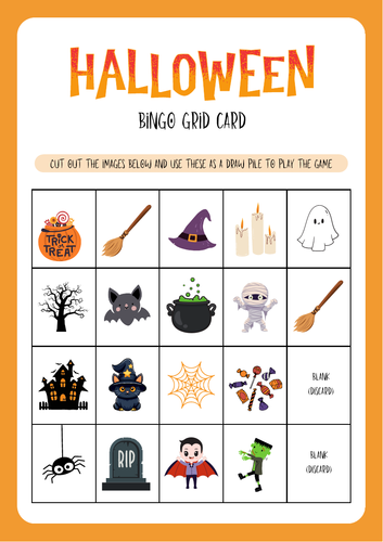 Kid's Halloween Bingo Game 10X Bingo Cards and 1 Grid Card. Lesson ...