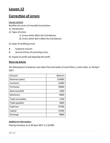 IGCSE Accounting Lesson Notes for correction of errors forTeachers ... IGCSE Accounting Lesson Notes for correction of errors forTeachers ...