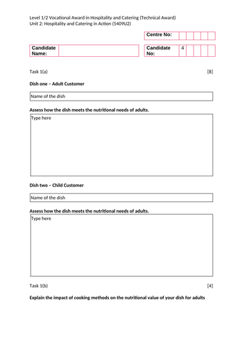 WJEC Hospitality and Catering - Unit 2 Template | Teaching Resources