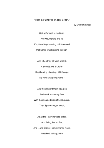 'I Felt A Funeral In My Brain' by Emily Dickinson | Teaching Resources