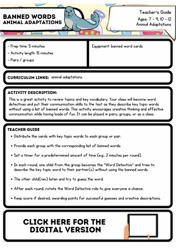 Animal Adaptations Vocabulary Game - Banned Words | Teaching Resources