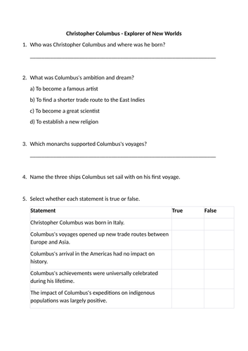 Christopher Columbus reading comprehension | Teaching Resources