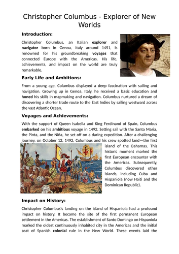 Christopher Columbus reading comprehension | Teaching Resources