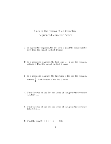 Sum of the Terms of a Geometric Sequence-Geometric Series Worksheet ...