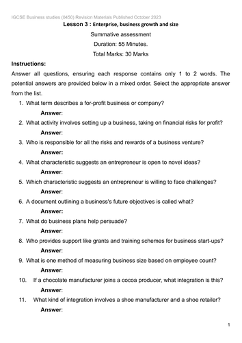 Lesson 3 : Enterprise, business growth and size (IGCSE Business 0450 ...
