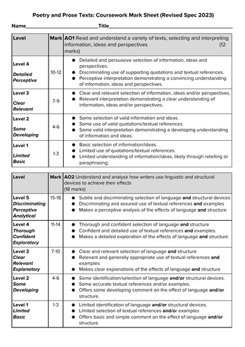 Edexcel English Language - Poetry and Prose Texts: Coursework Marksheet ...