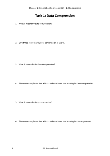 As Computer Science Unit 1 Information Representation 1 3 Compression Teaching Resources