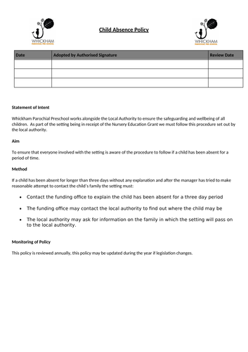 Early Years Child Absence Policy | Teaching Resources