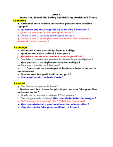 IGCSE French Oral Questions Bank | Teaching Resources