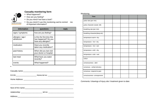 First Aid Casualty Monitoring Form | Teaching Resources