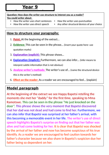 English Language Paper 1, Q.3 (KS3- Year 9 The No.1 Ladies' Detective ...