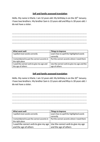 Family assessed translation | Teaching Resources