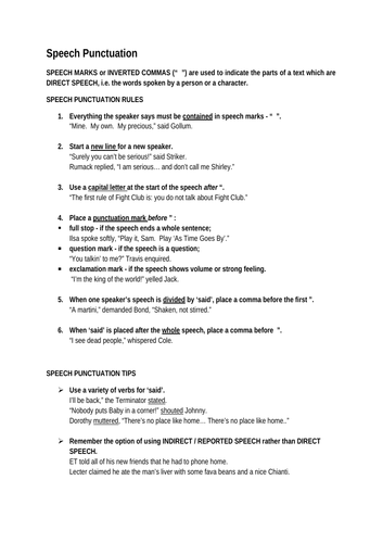SPEECH PUNCTUATION - ENGLISH LANGUAGE STUDENT WORKSHEET WITH ANSWERS ...