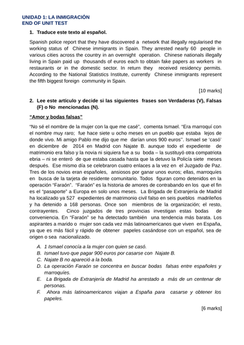 YEAR 13, A LEVEL SPANISH, Unidad 1: La inmigración (Unit 1 migration ...