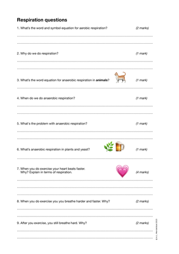 Edexcel iGCSE biology respiration worksheet and written question ...
