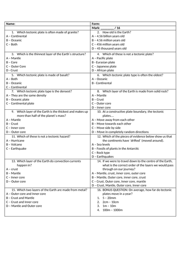 Geography : Plate tectonics and hazards quick quiz or assessment! KS3 ...
