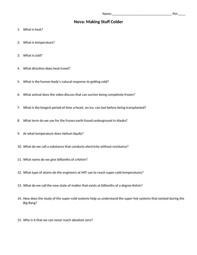 NOVA: Making Stuff Colder Worksheet | Teaching Resources
