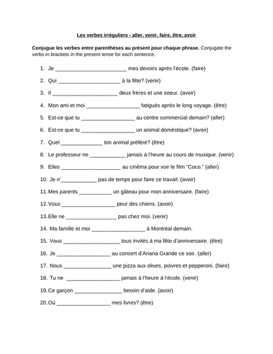 Les verbes irréguliers - aller, venir, faire, être, avoir | Teaching ...