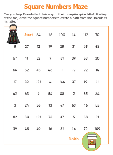 Halloween Themed Square Numbers Maze | Teaching Resources