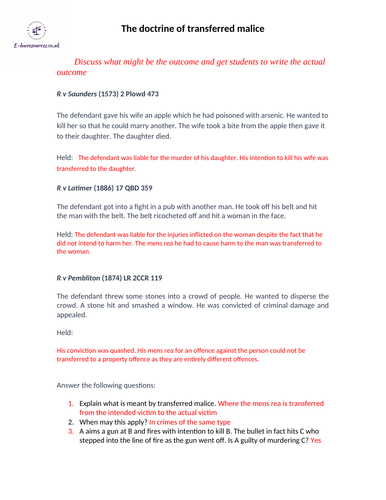 Contemporaneity (coincidence) rule and transferred malice in criminal ...