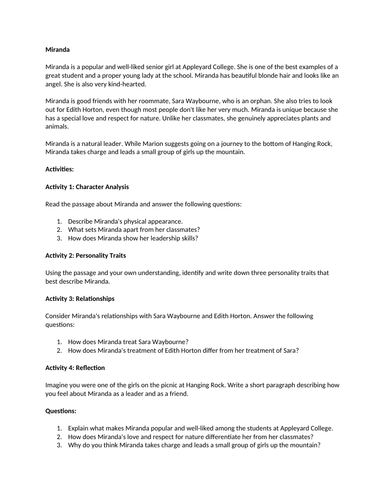 Picnic at Hanging Rock Cambridge 0475 Literature | Teaching Resources