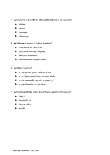 Variation and Selection - Past Paper Question Pack | Teaching Resources