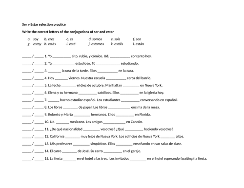 Ser v Estar selection practice | Teaching Resources